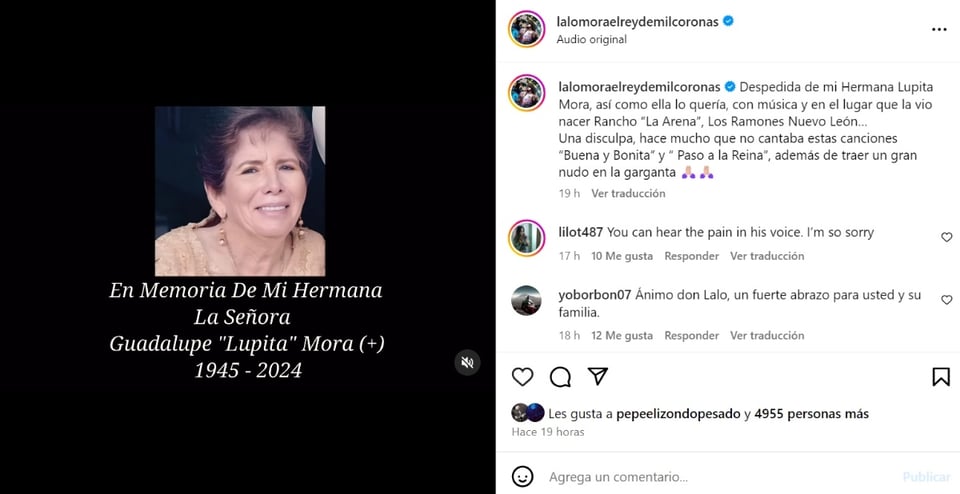 Cantante Lalo Mora despide a su hermana Lupita